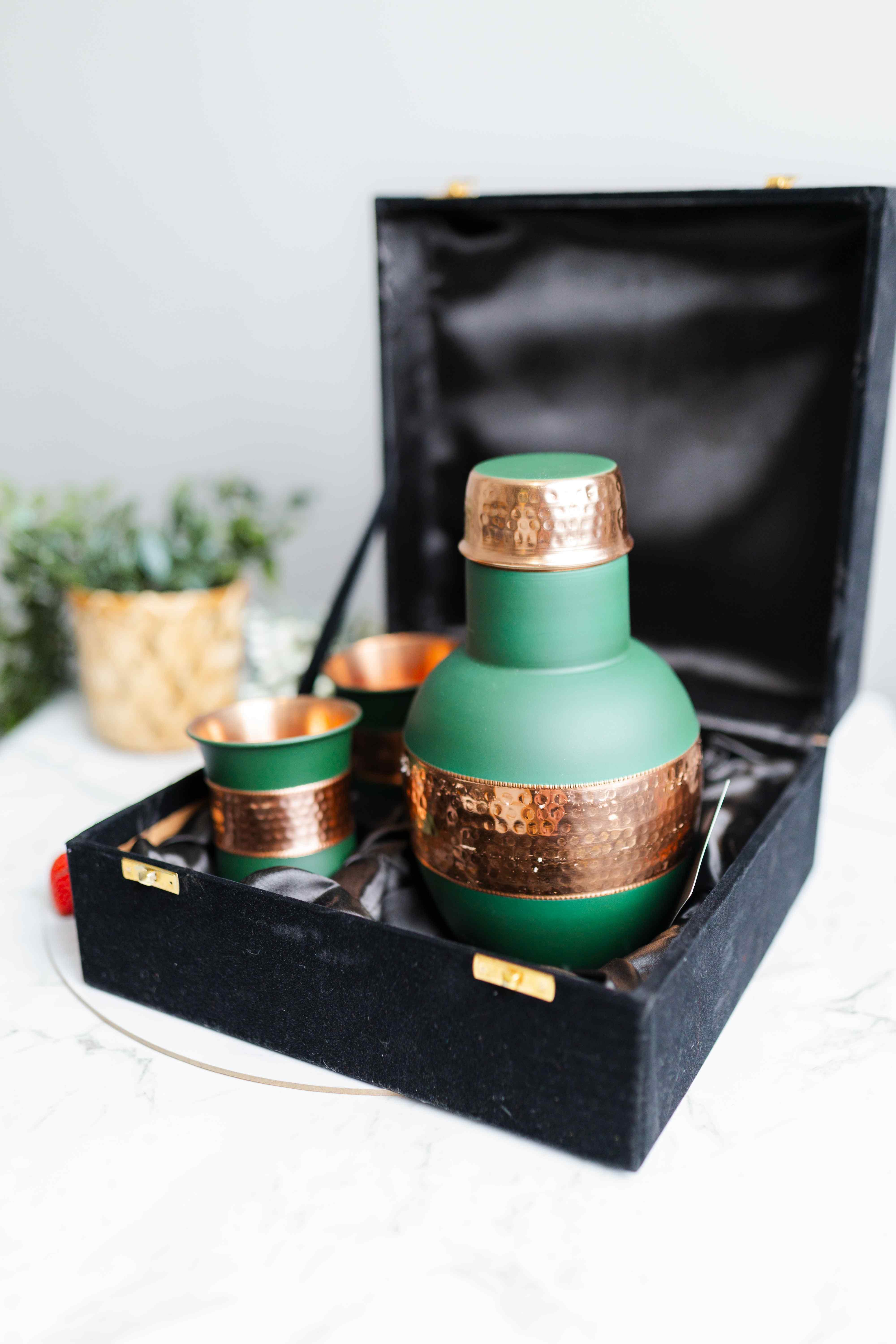 Matte Green Pure Copper Flask / Tumblers- Gift Set – copperdirect